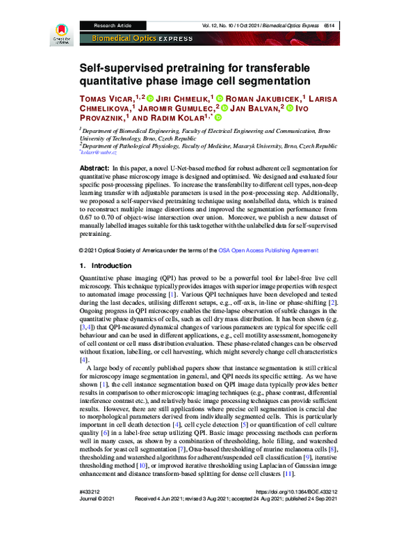 (PDF) Self-supervised pretraining for transferable quantitative phase image cell segmentation
