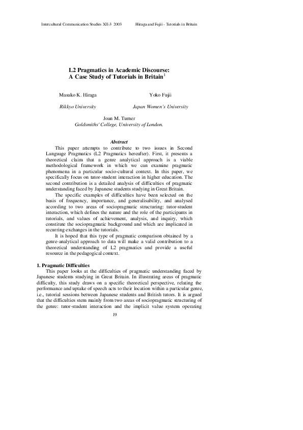 (PDF) L2 Pragmatics in Academic Discourse: A Case Study of Tutorials in Britain 1 | Joan Turner ...
