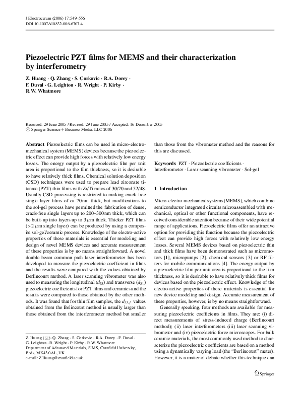 (PDF) Piezoelectric PZT films for MEMS and their characterization by ...