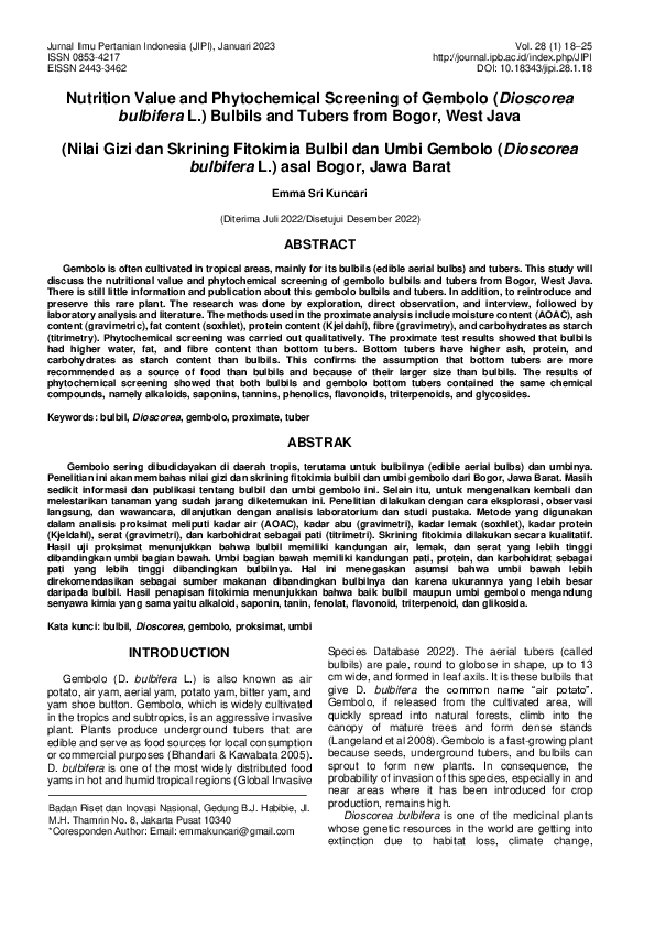 (PDF) Nutrition Value and Phytochemical Screening of Gembolo (Dioscorea ...