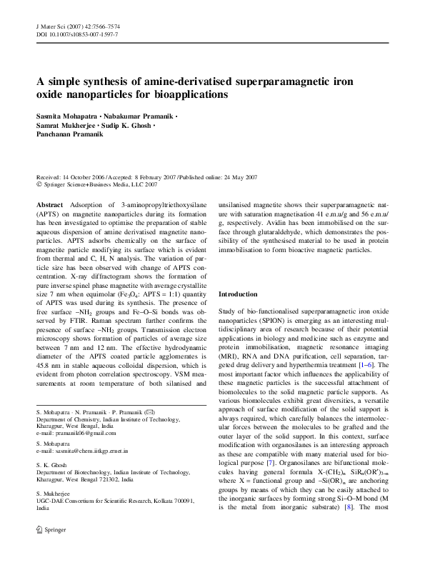(PDF) A simple synthesis of amine-derivatised superparamagnetic iron oxide nanoparticles for ...