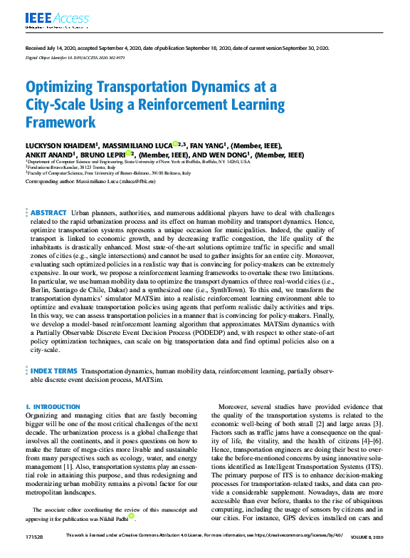 Pdf Optimizing Transportation Dynamics At A City Scale Using A Reinforcement Learning Framework
