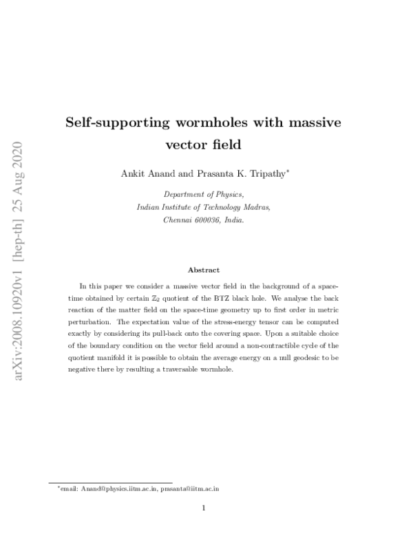 (PDF) Self-supporting wormholes with a massive vector field (PDF) Self-supporting wormholes with a massive vector field