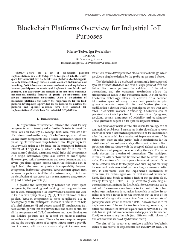 (PDF) Blockchain Platforms Overview for Industrial IoT Purposes