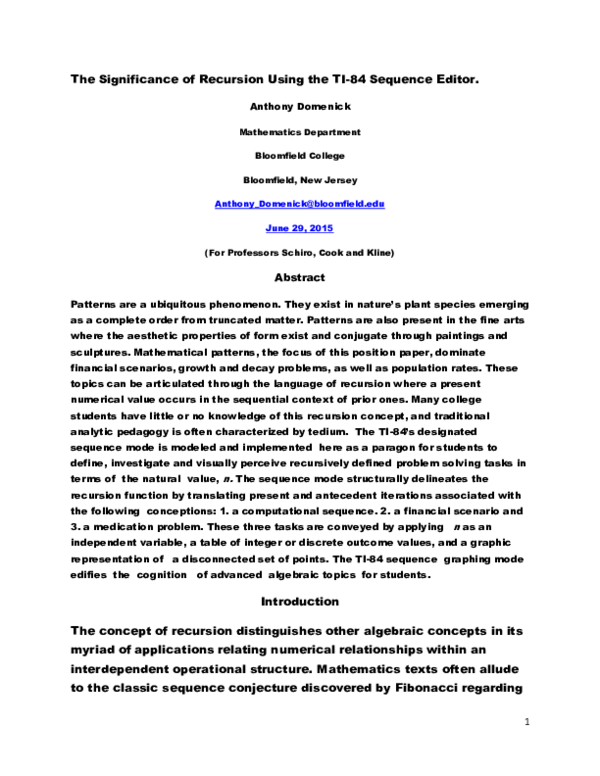 (PDF) The Significance of Recursion Using the TI-84 Sequence Editor