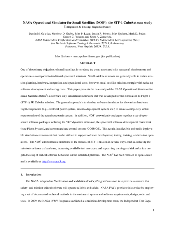 (PDF) NASA Operational Simulator for Small Satellites (NOS3): The STF-1 ...