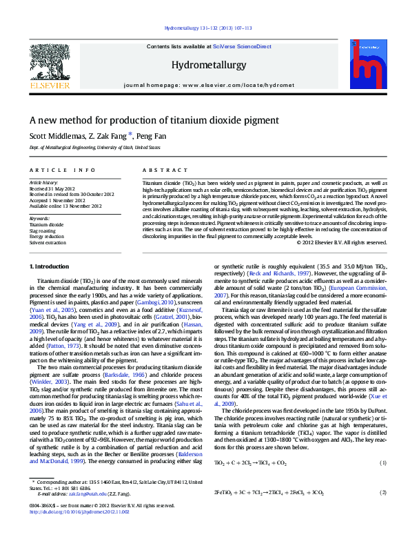 (PDF) A new method for production of titanium dioxide pigment