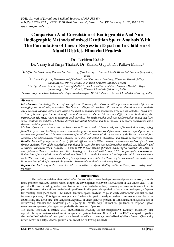 (PDF) Comparison And Correlation of Radiographic And Non Radiographic Methods of mixed Dentition ...