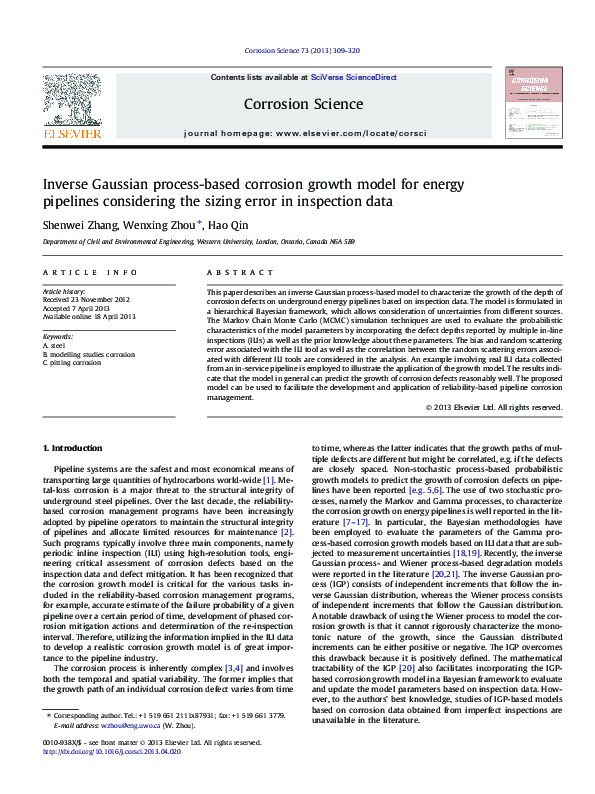 (PDF) Inverse Gaussian process-based corrosion growth model for energy pipelines considering the ...