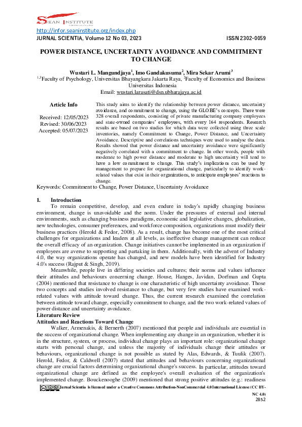 (PDF) Power Distance, Uncertainty Avoidance and commitment to change