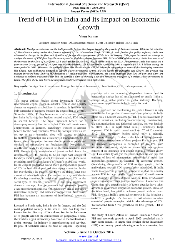 (PDF) Trend of FDI in India and Its Impact on Economic Growth