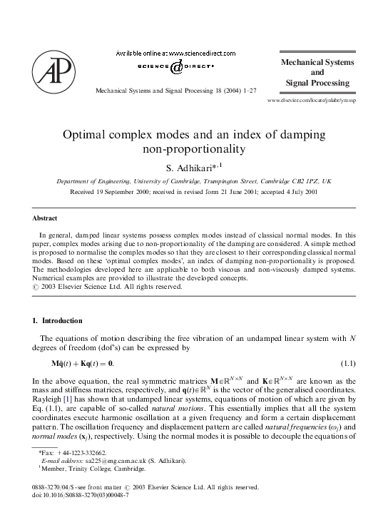 (PDF) Optimal complex modes and an index of damping non-proportionality