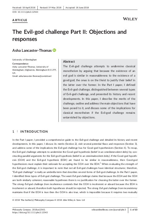 (PDF) The Evil-god challenge Part II: Objections and responses