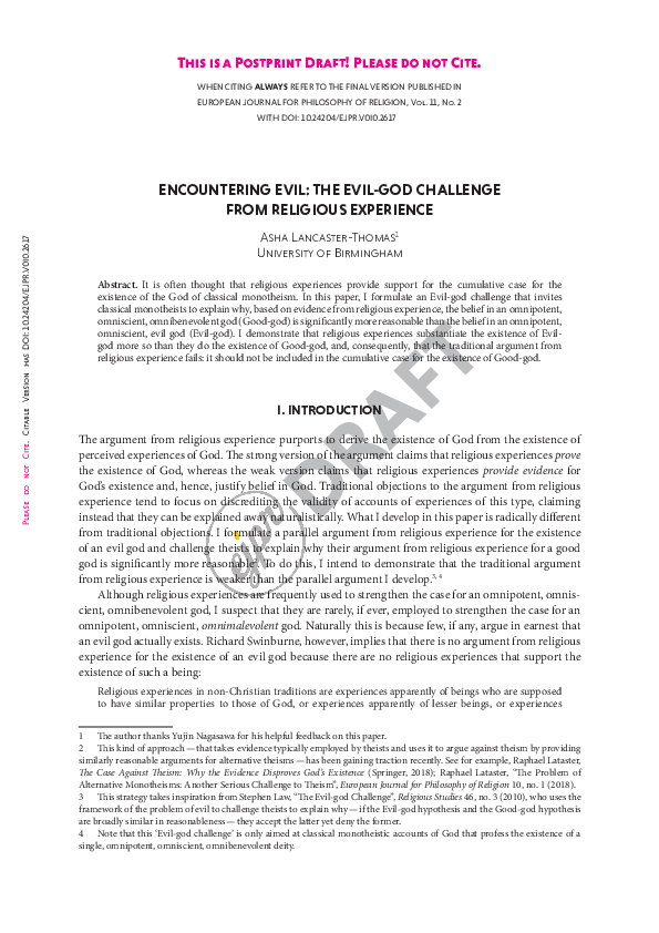 (PDF) Encountering evil: The Evil-god challenge from religious experience