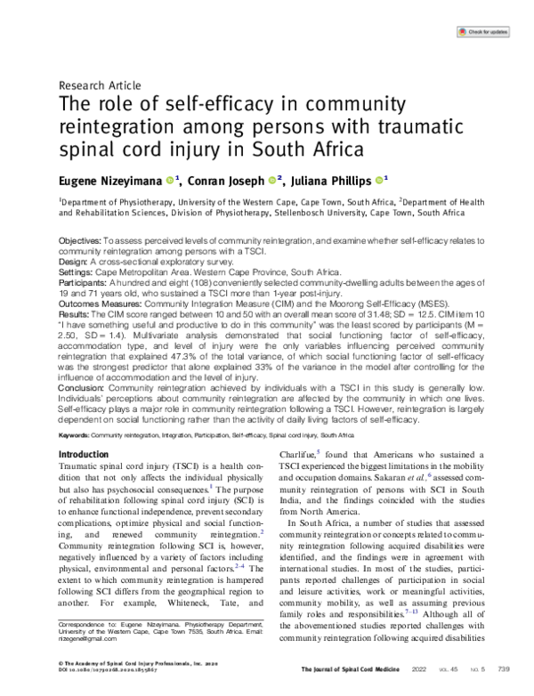 (PDF) The role of self-efficacy in community reintegration among persons with traumatic spinal ...