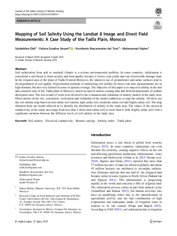 (PDF) Mapping of Soil Salinity Using the Landsat 8 Image and Direct Field Measurements: A Case ...