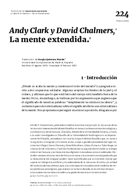 (PDF) Andy Clark y David Chalmers, La mente extendida