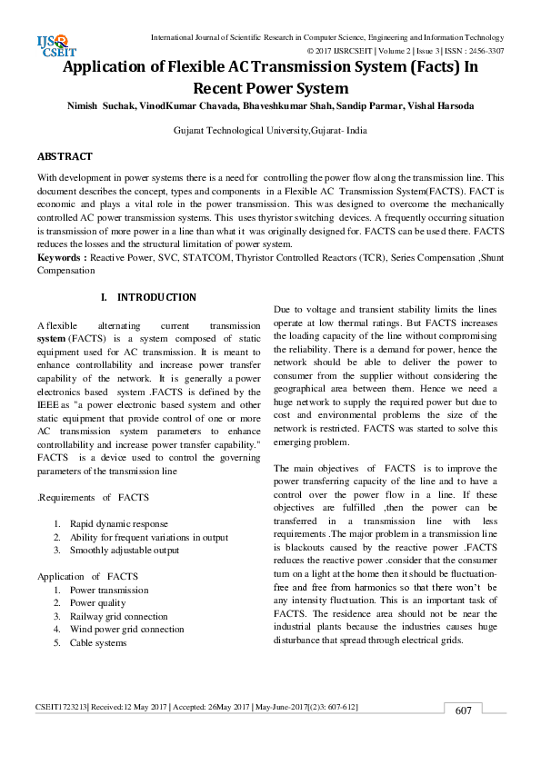 Pdf Application Of Flexible Ac Transmission System Facts In Recent Power System