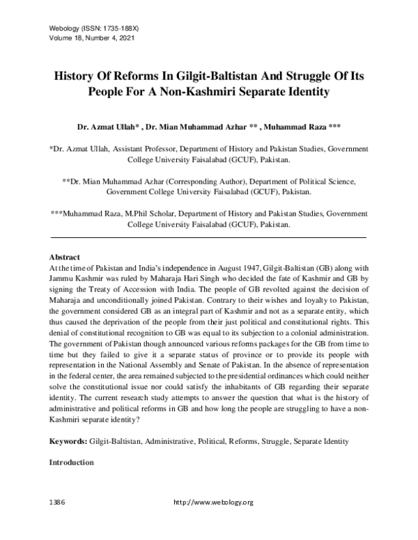 (PDF) History Of Reforms In Gilgit-Baltistan And Struggle Of Its People ...