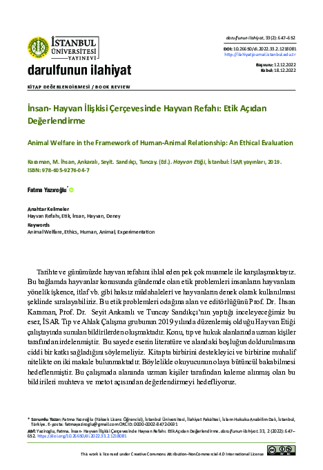 (PDF) İnsan- Hayvan İlişkisi Çerçevesinde Hayvan Refahı: Etik Açıdan ...