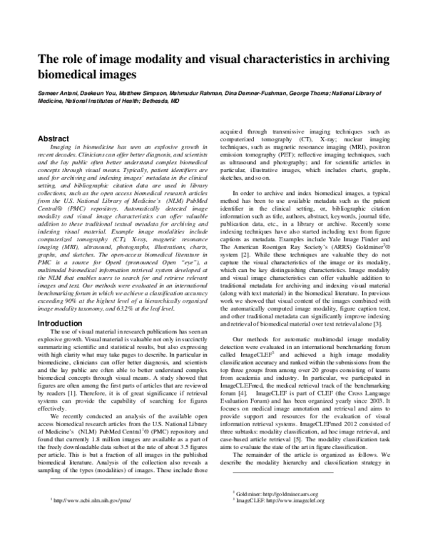(PDF) The role of image modality and visual characteristics in archiving biomedical images