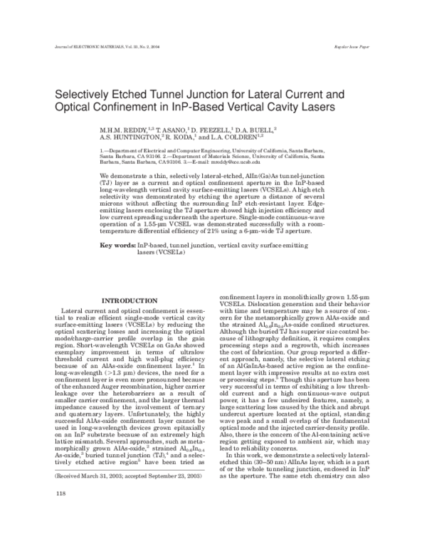 (PDF) Selectively etched tunnel junction for lateral current and ...