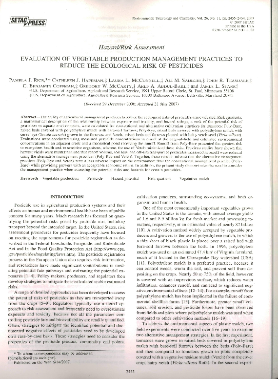 (PDF) Evaluation of Vegetable Production Management Practices to Reduce ...