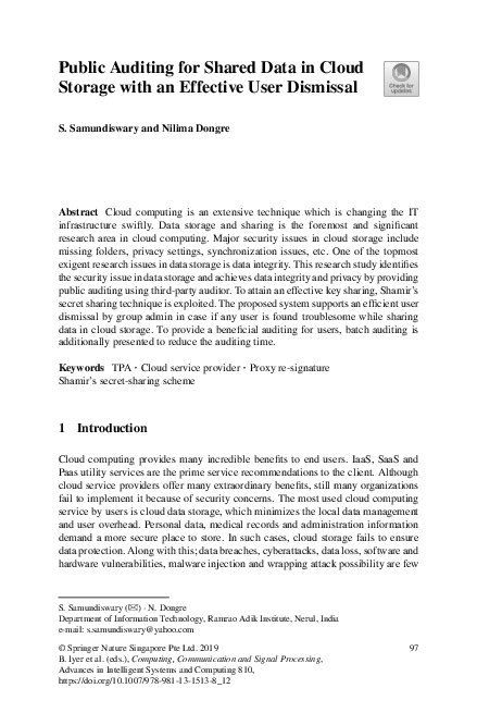(PDF) Public Auditing for Shared Data in Cloud Storage with an Effective User Dismissal