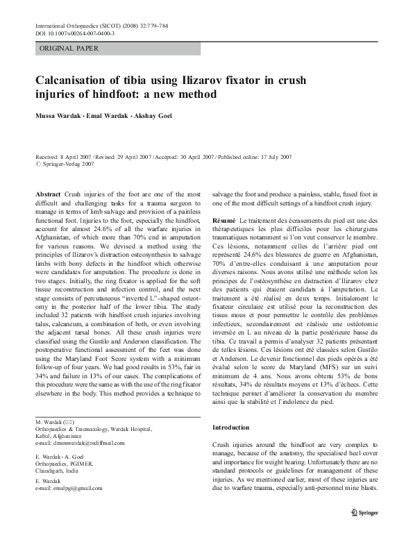 (PDF) Calcanisation of tibia using Ilizarov fixator in crush injuries ...