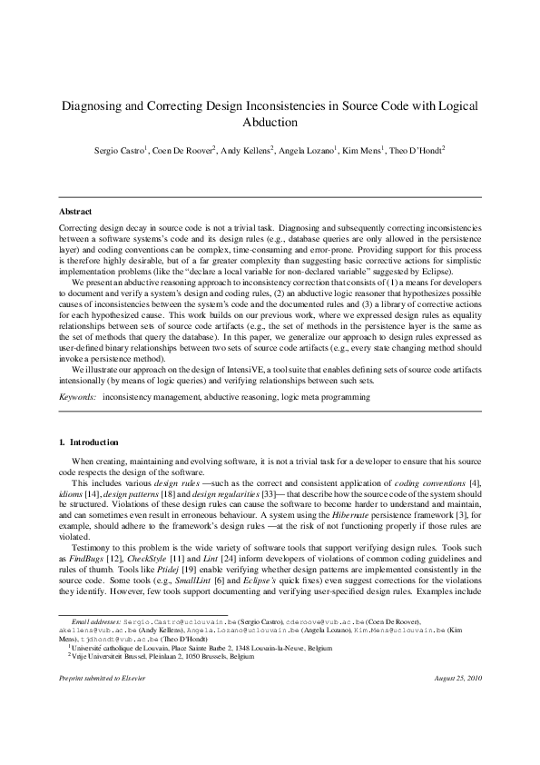 Pdf Diagnosing And Correcting Design Inconsistencies In Source Code With Logical Abduction