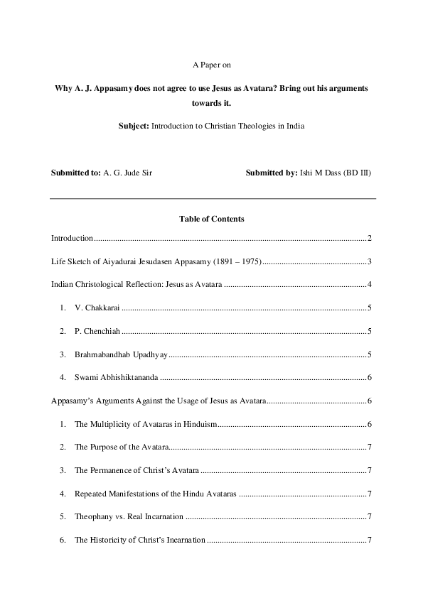 (PDF) A Paper on A. J. Appasamy's Views on Jesus as Avatara | Subject ...