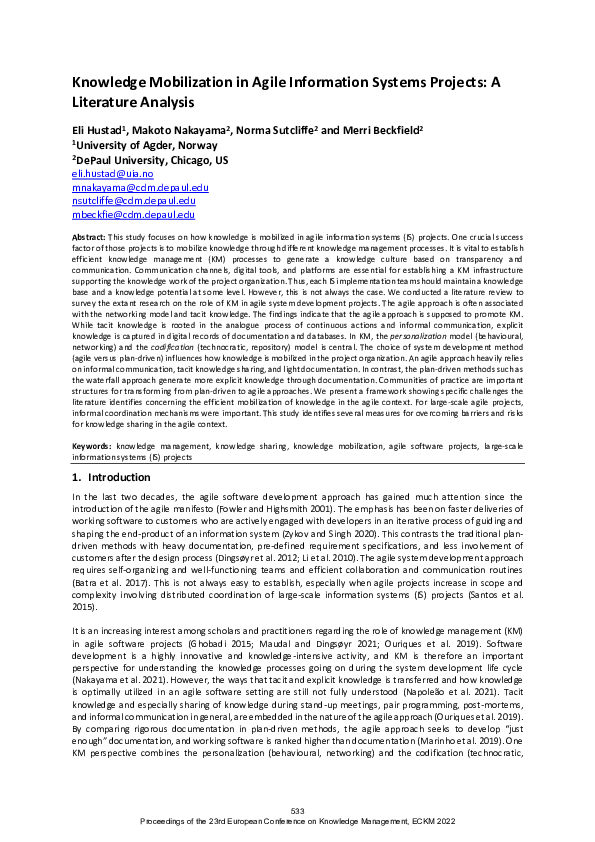 Pdf Knowledge Mobilization In Agile Information Systems Projects A Literature Analysis