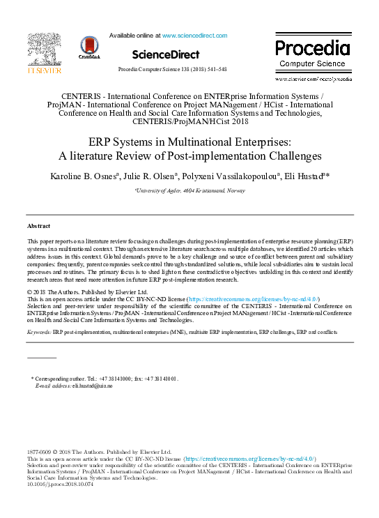 (PDF) ERP Systems in Multinational Enterprises: A literature Review of Post-implementation ...