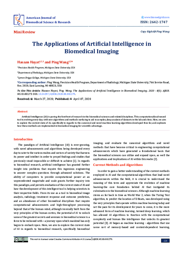 (PDF) The Applications of Artificial Intelligence in Biomedical Imaging