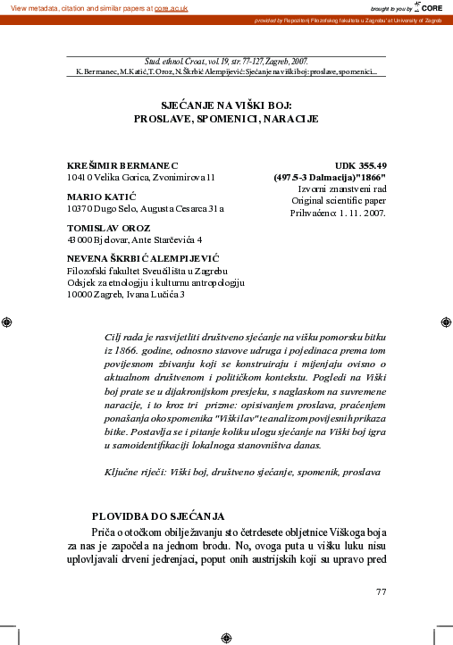 (PDF) Memory of the Battle of Vis: Festivals, Monuments, Narratives