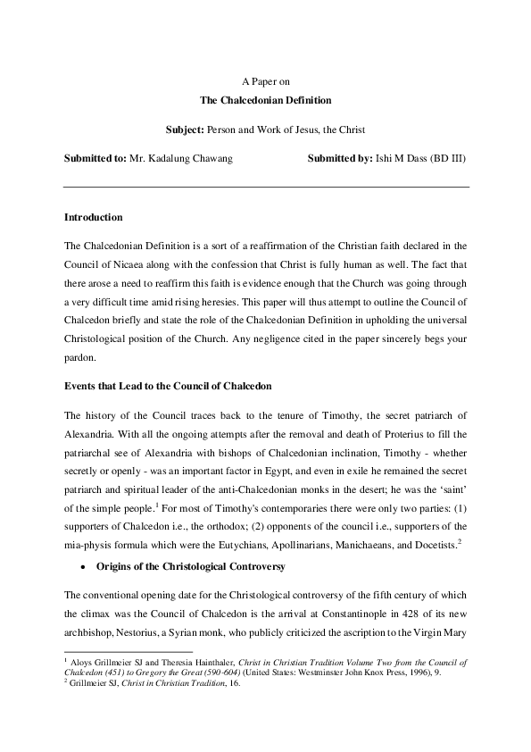 (PDF) The Chalcedonian Definition | Subject: Person and Work of Jesus ...