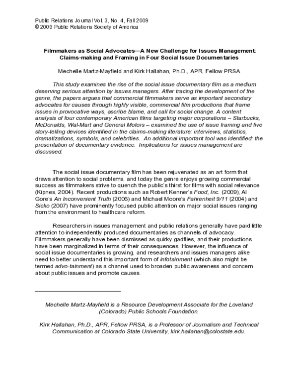 (PDF) Filmmakers as Social Advocates—A New Challenge for Issues ...