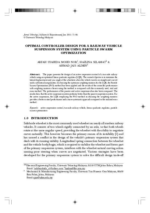 Pdf Optimal Controller Design For A Railway Vehicle Suspension System Using Particle Swarm