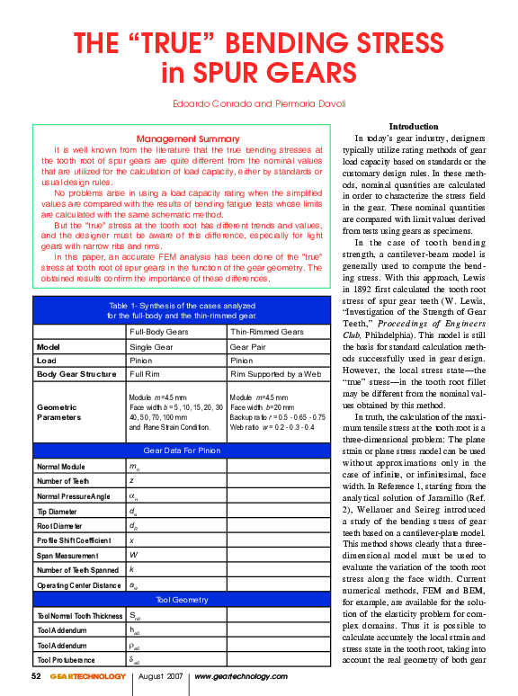 (PDF) The true bending stress in spur gears