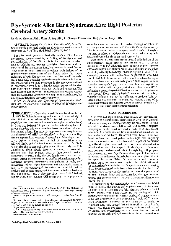 (PDF) Ego-syntonic alien hand syndrome after right posterior cerebral ...