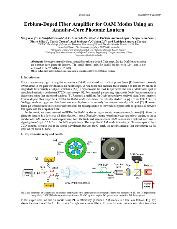 Pdf Erbium Doped Fiber Amplifier For Oam Modes Using An Annular Core Photonic Lantern