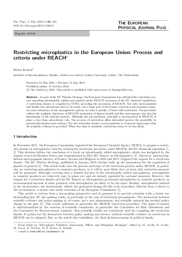 (PDF) Restricting microplastics in the European Union: Process and ...