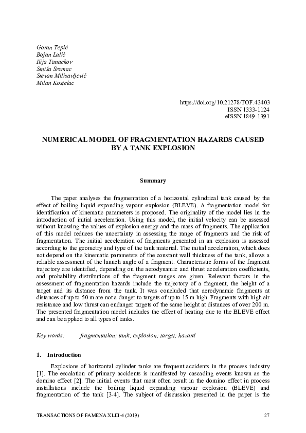 (PDF) Numerical Model of Fragmentation Hazards Caused by a Tank Explosion