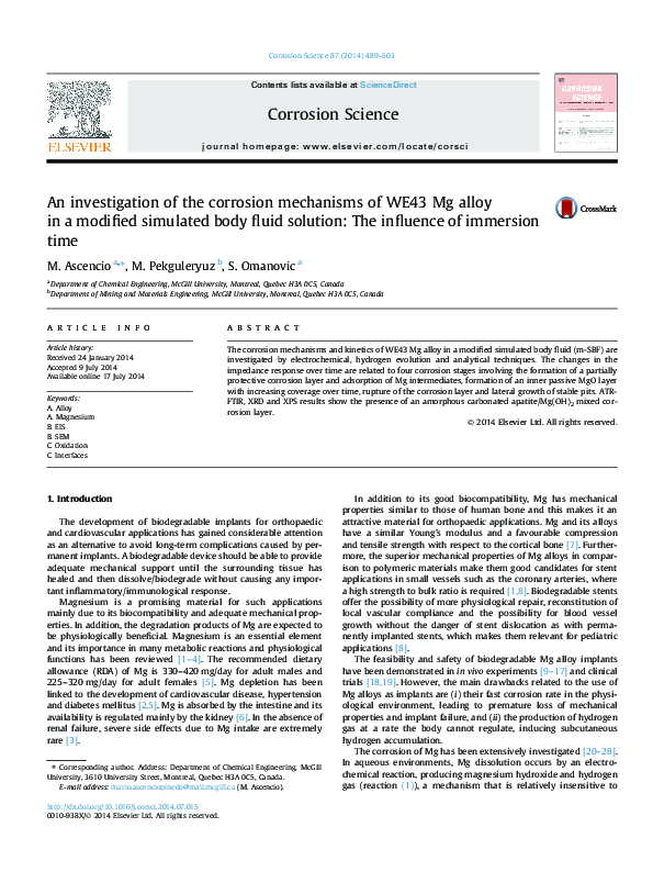 (PDF) An investigation of the corrosion mechanisms of WE43 Mg alloy in ...