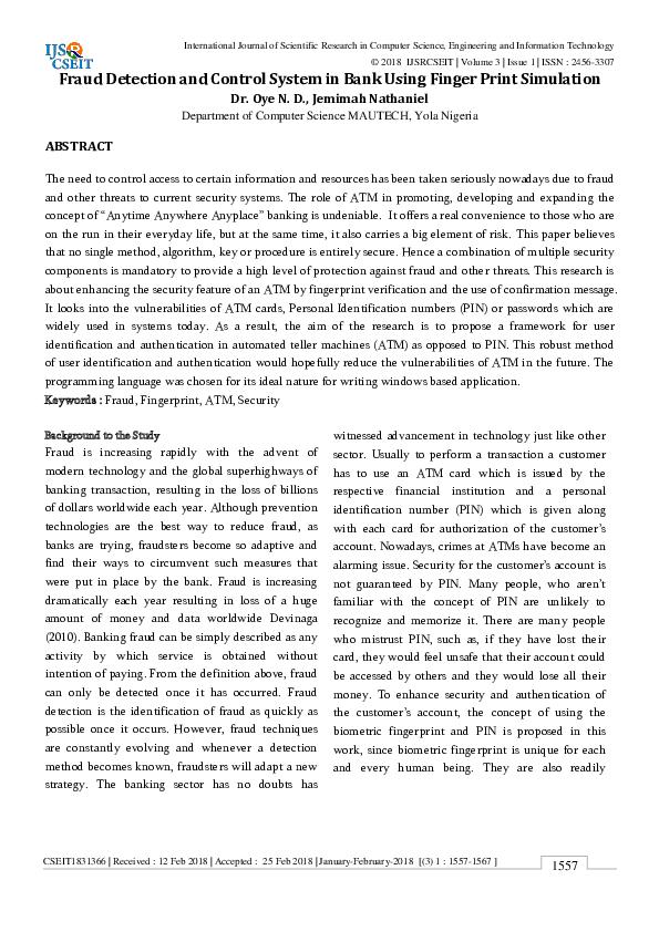 (PDF) Fraud Detection and Control System in Bank Using Finger Print ...