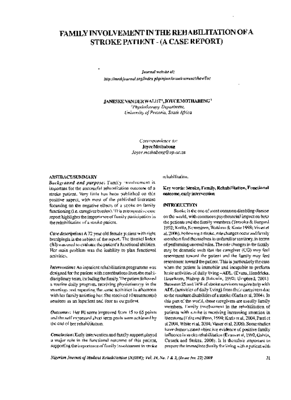 (PDF) Family Involvement in the Rehabilitation of a Stroke Patient (A ...