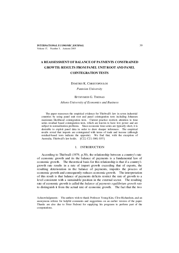 (PDF) A Reassessment Of Balance Of Payments Constrained Growth: Results From Panel Unit Root And ...