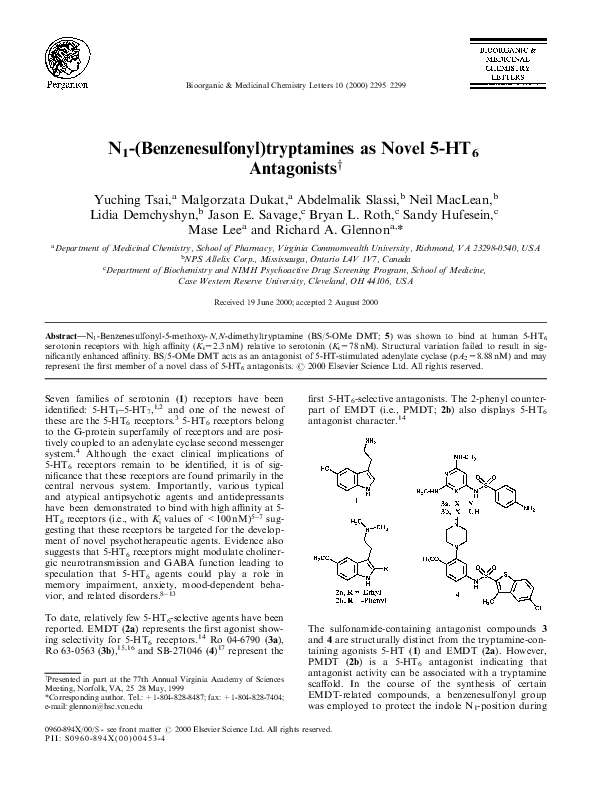 (PDF) N1-(Benzenesulfonyl)tryptamines as novel 5-HT6 antagonists