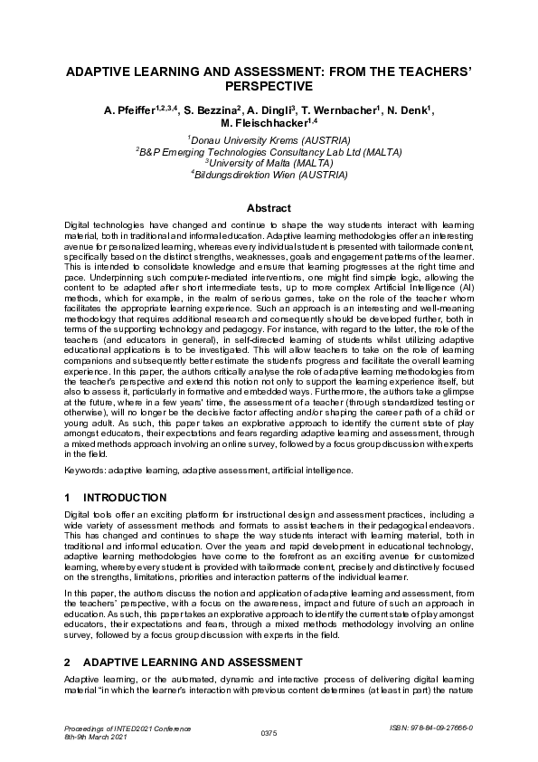 (PDF) Adaptive Learning and Assessment: From the Teachers’ Perspective