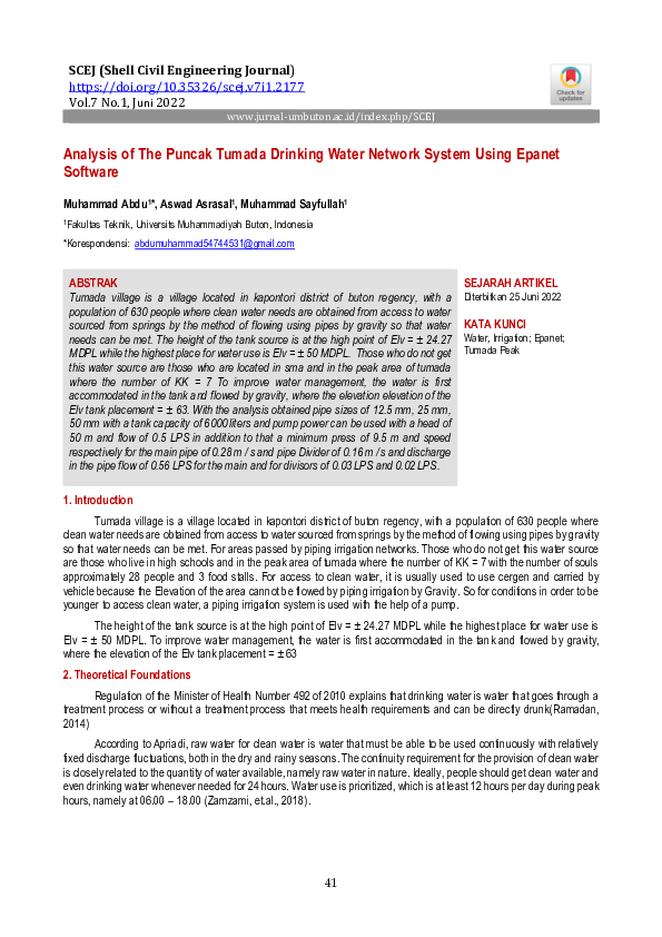 (PDF) Analysis of The Puncak Tumada Drinking Water Network System Using Epanet Software